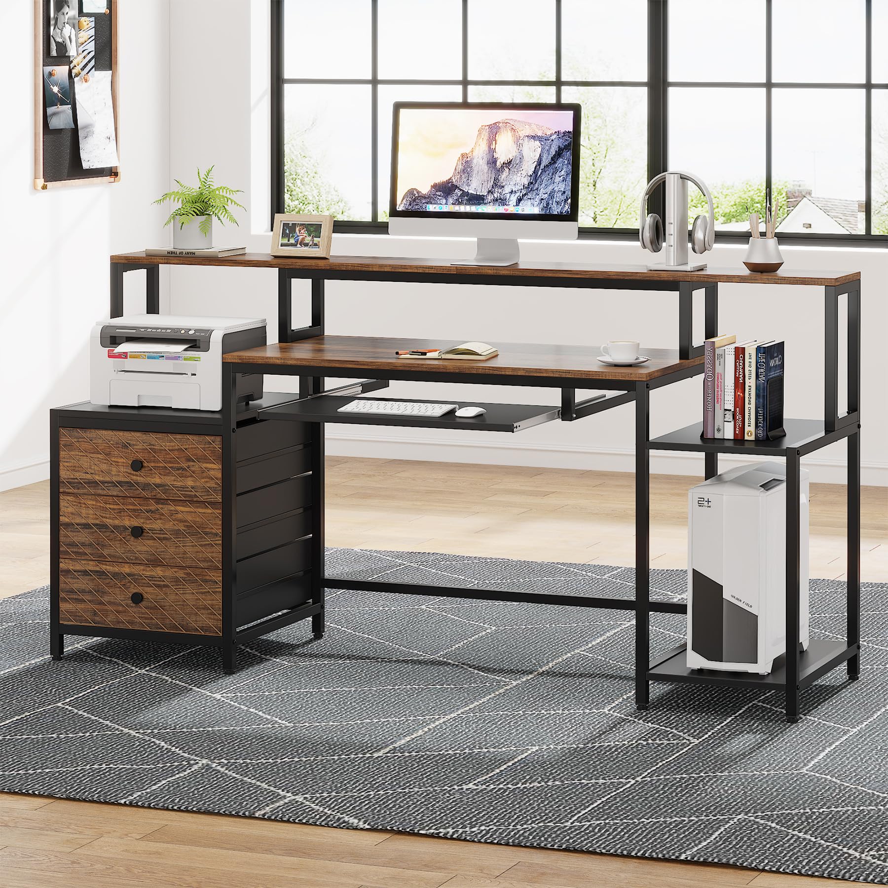 Tribesigns Computer Desk with 3 Drawers, 63 inch Home Office Desk with Monitor Shelf, Industrial Reversible Long PC Gaming Desk with Keyboard Tray, Study Writing Table Workstation, Gray