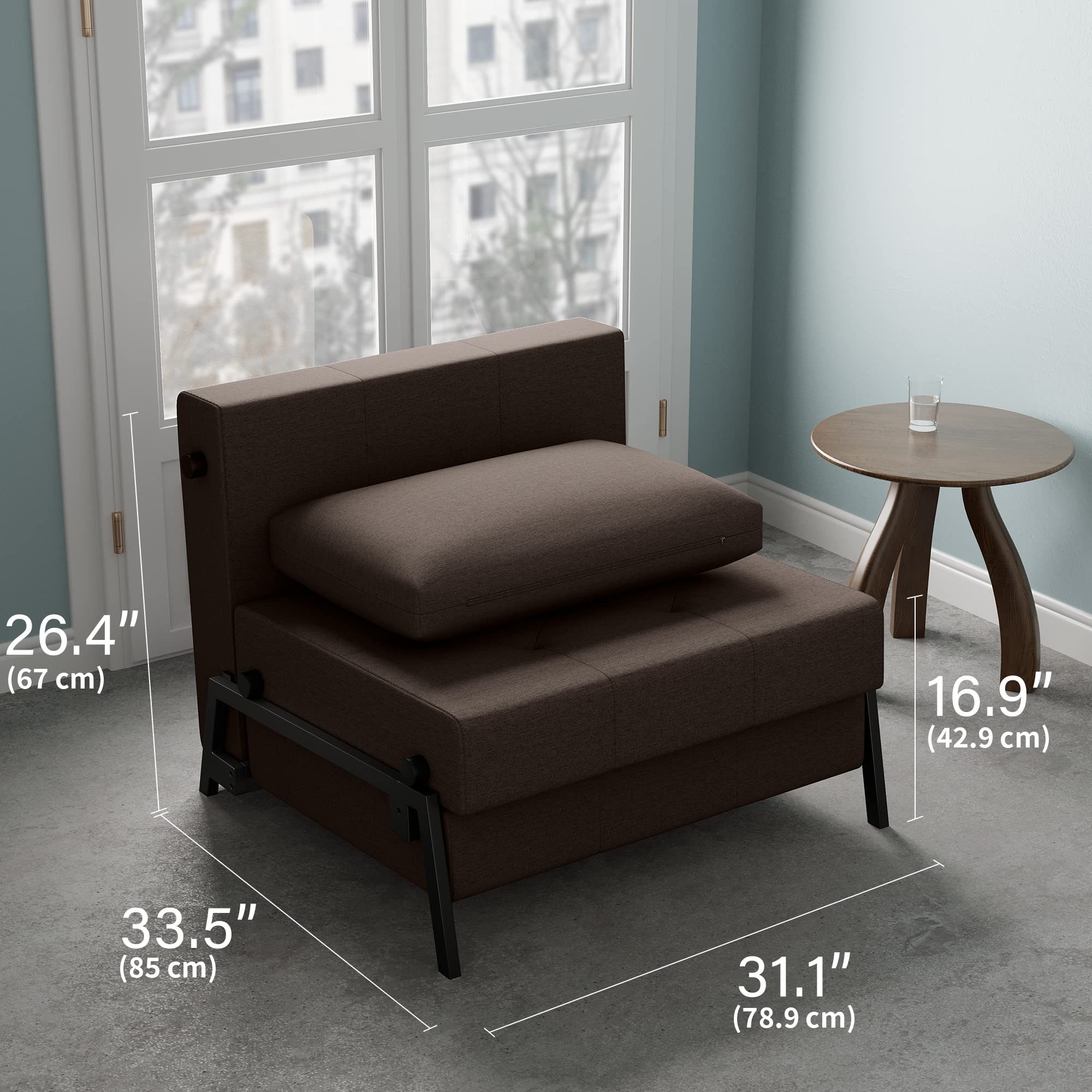 Serweet Chair Bed Sofabed for Adults Single, Convertible Folding Sofa for Living Room Bedroom Chair with Breathable Linen Fabric & Sturdy Metal Frame, Dark Brown