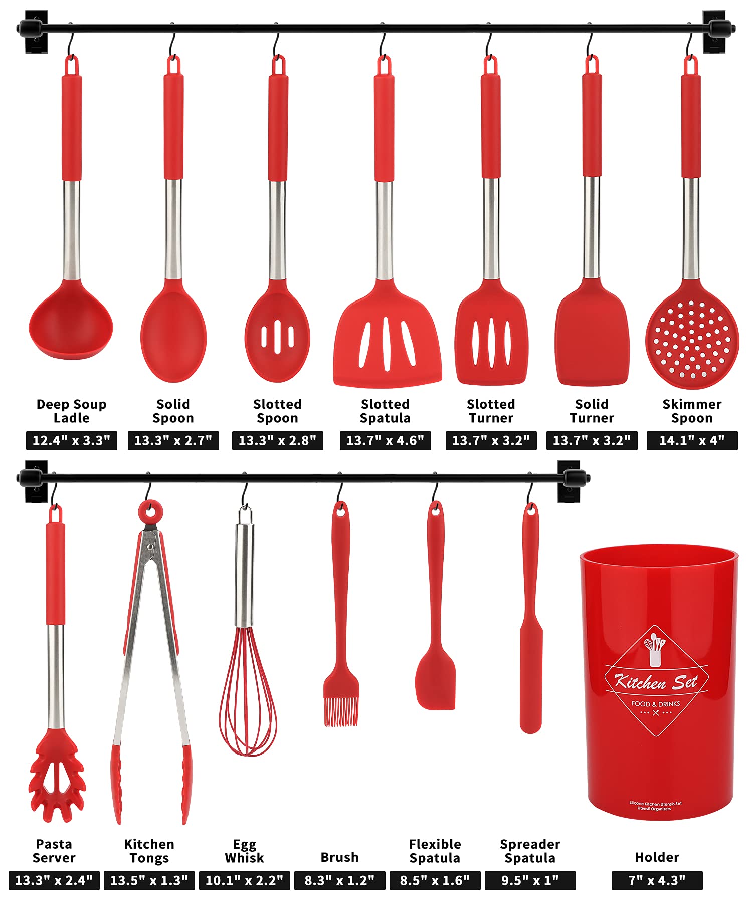 Silicone Cooking Kitchen Utensils Set- 392℉ Heat Resistant Dishwasher Safe Kitchen Utensils Sets for Cooking with Stainless Steel Handle Kitchen Gadgets Tools for Nonstick Cookware Set with Holder