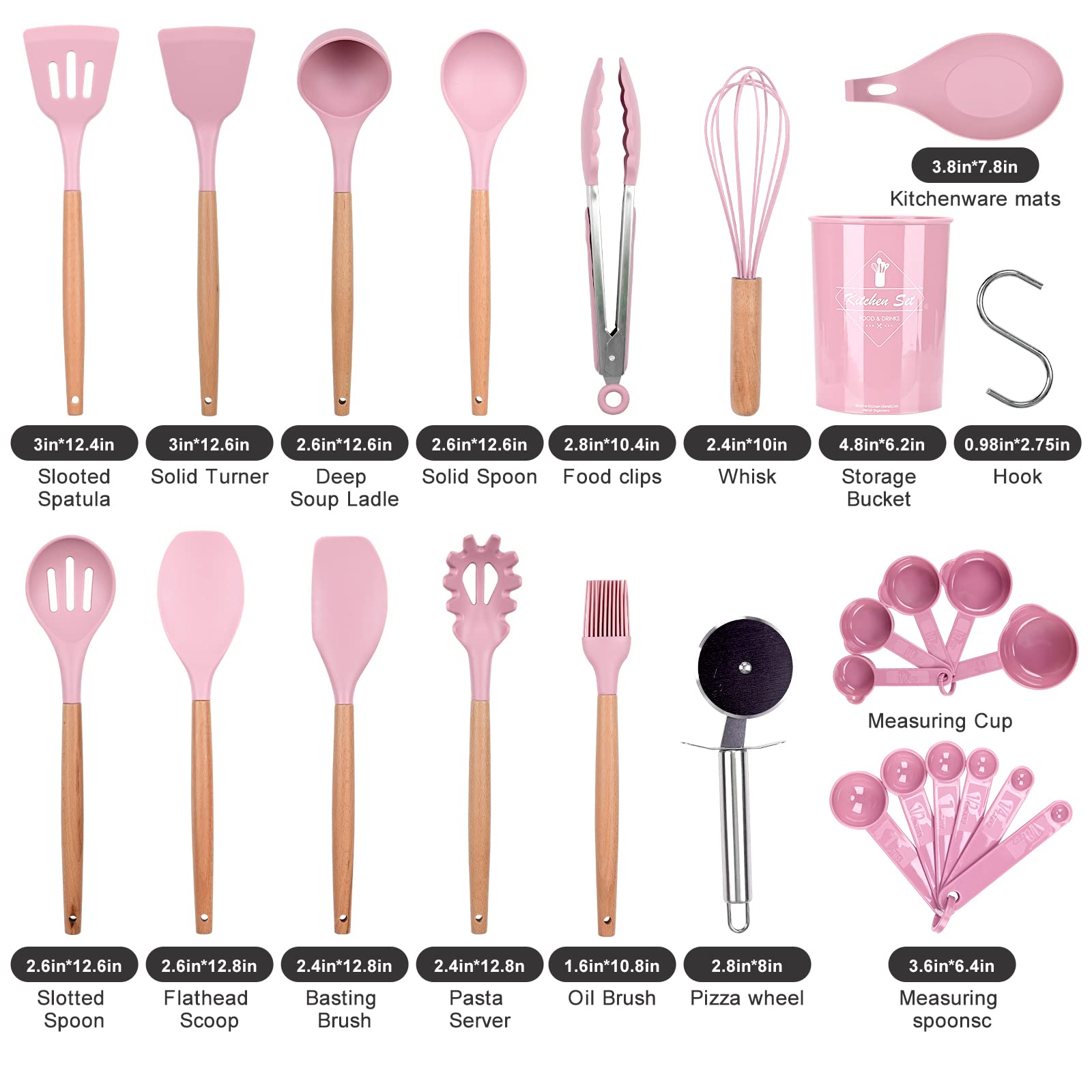 Silicone Cooking Utensils 35 Piece Set, ONATISMAGAIN Kitchen Utensil Set Heat Resistant Non-Stick Cookware with Wooden Handle Suitable for Household Necessities Spatula Spoon Set (Black)