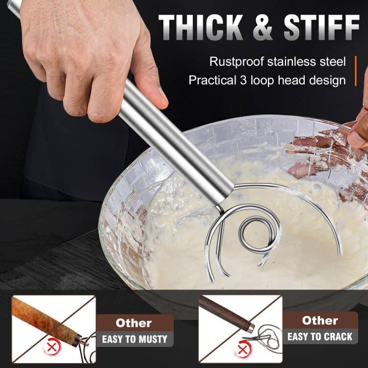 Walfos Danish Dough Whisk, Rustproof Stainless Steel Bread Whisk, Quick Mixing Bread Mixer, Dutch Dough Whisk for Cooking, Blending, Whisking, Stirring, Sourdough, Pizza, Pastry, Cake Batter(2pcs)