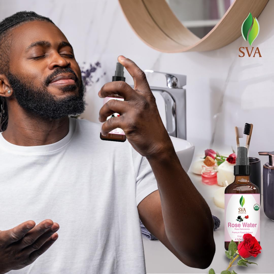 SVA Organics Rose Water 4oz (118 ml) Refreshing Rose Water Spray for Skin Care, Skin Hydration, Bath, Soaps, Haircare & Aromatherapy
