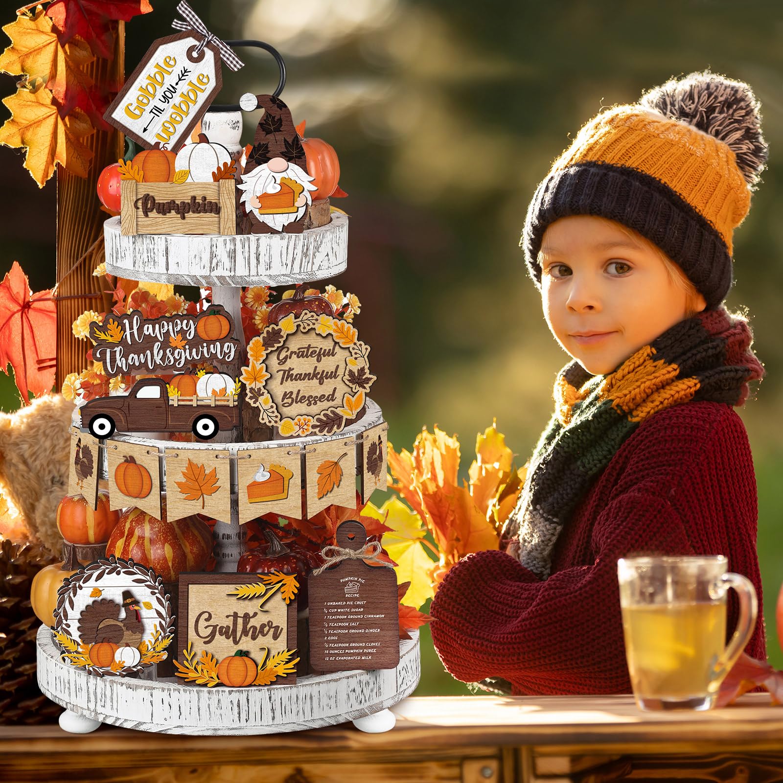 Set of 15 Fall Tiered Tray Decor Pumpkins Farmhouse Decor Autumn Maple Leaf Table Centerpieces Thanksgiving Harvest Wood Blocks Signs for Home Decor(Elegant Style)