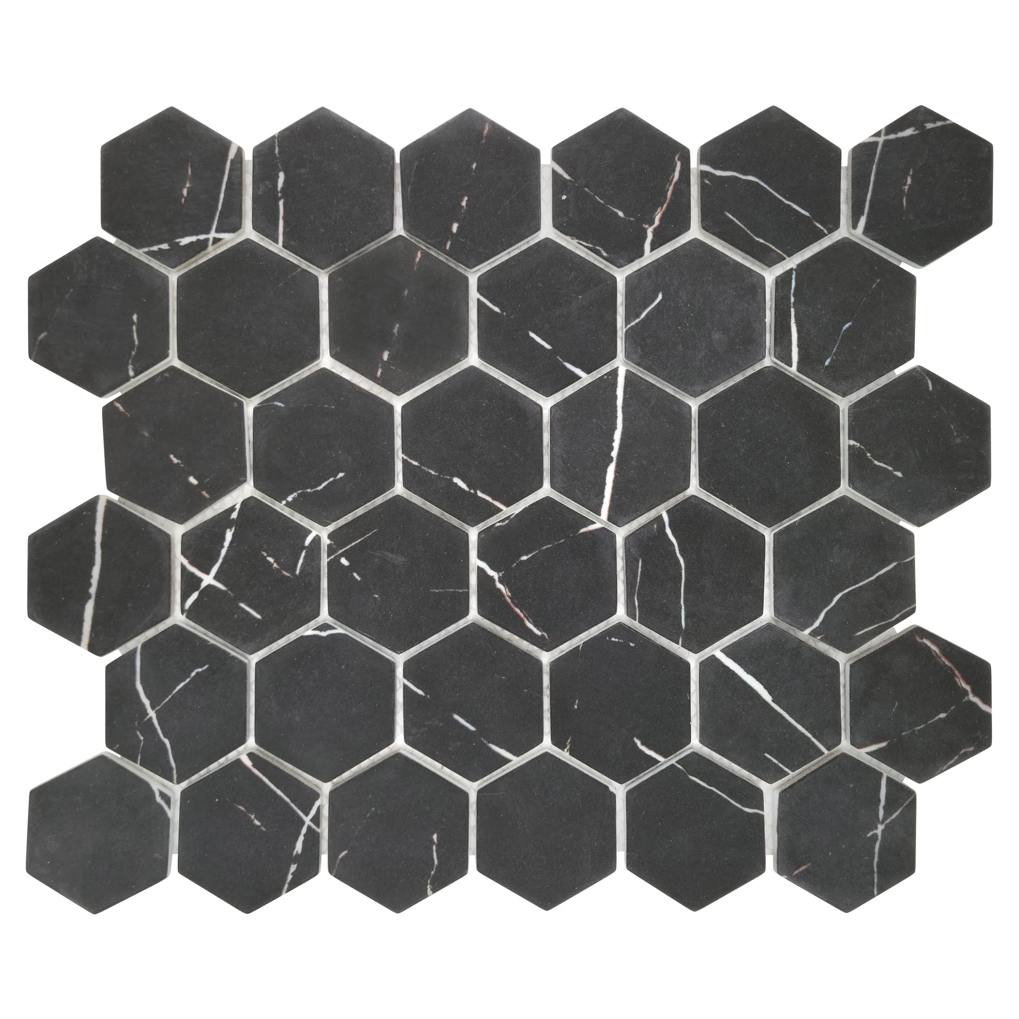 Sunwings Hexagon Tile for Shower Floor Border Kitchen Bathroom Backsplash. Black Marquina Marble Stone Looks Wall and Floor Tile, 10 Sheets,