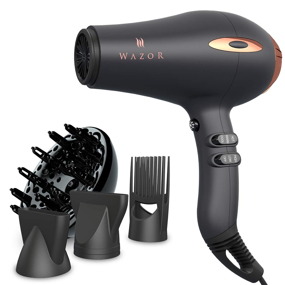 Wazor 1875W Professional Grade Hair Dryer Tourmaline Turbo Powerful Blow Dryer Compact Quite Hairdryer with Diffuser & Comb & Concentrator