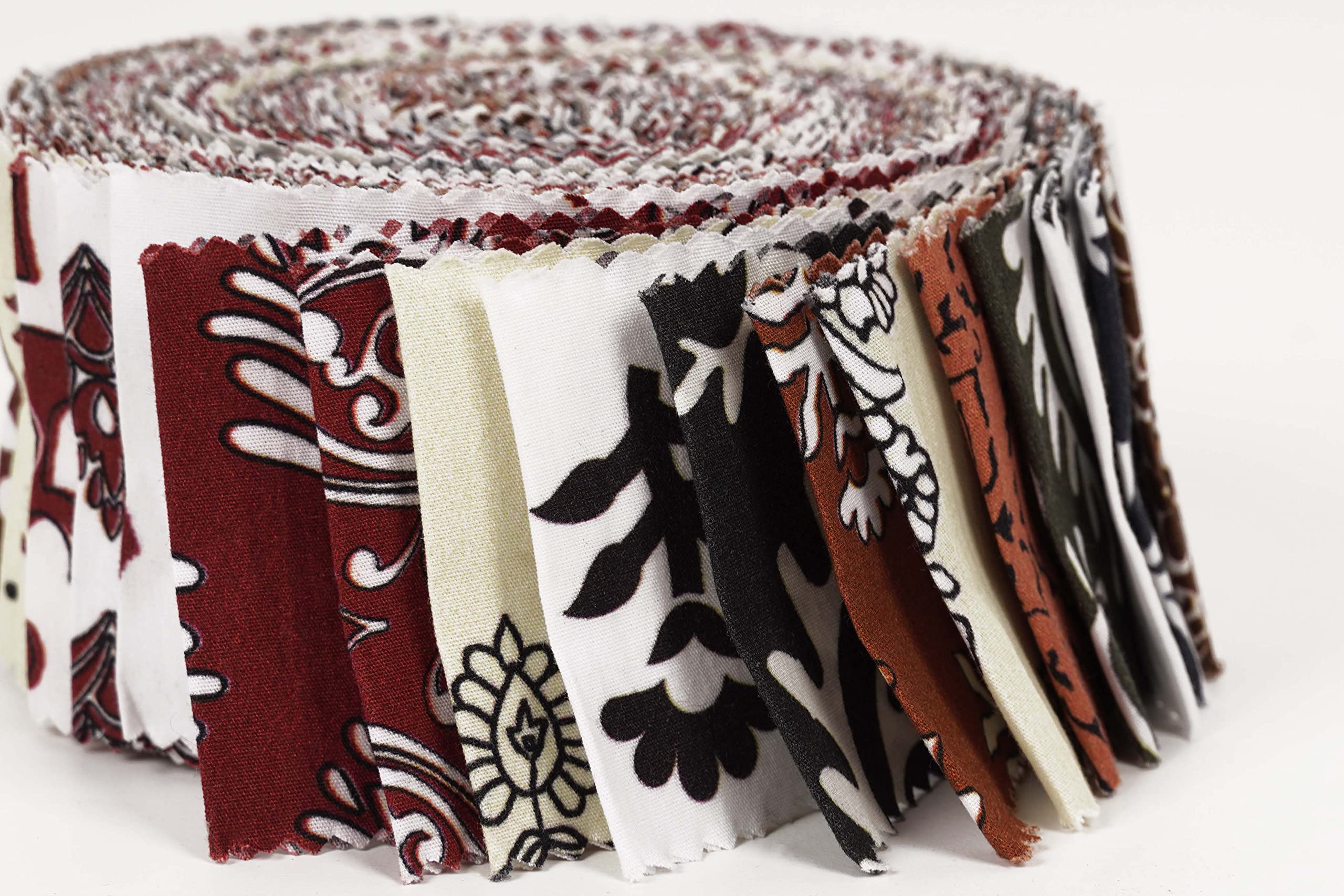 Soimoi 40Pcs Asian Block Print Cotton Precut Fabrics for Quilting Craft Strips 2.5x42inches Jelly Roll - Maroon, White, Pale Yellow, Brown