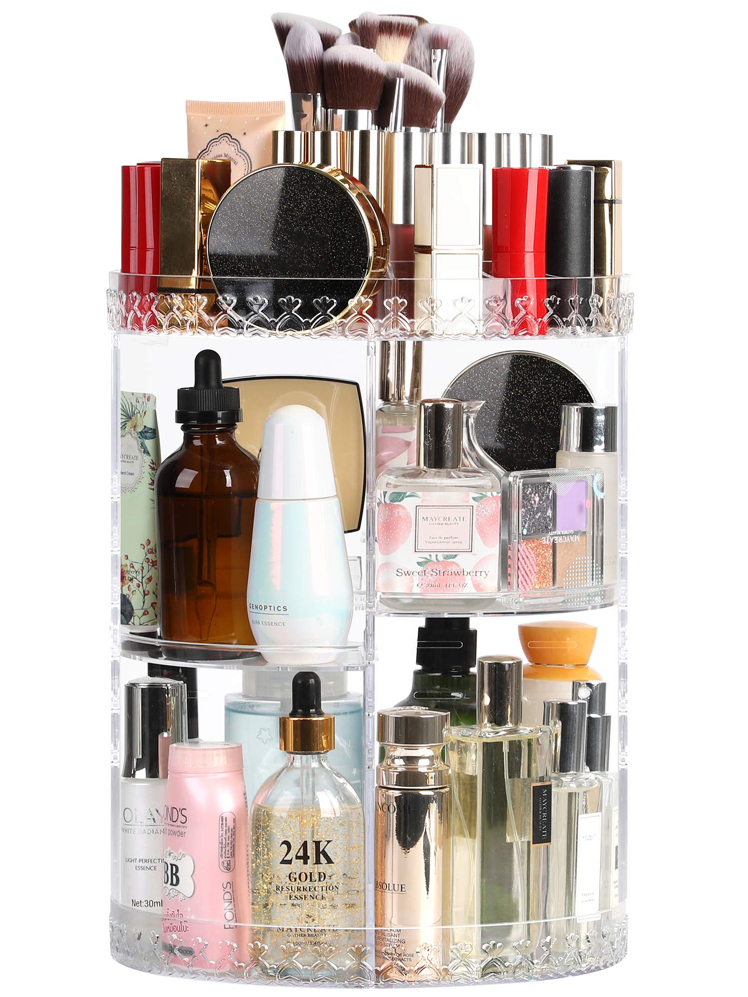 Syntus Rotating Makeup Organizer, 360 Adjustable Cosmetic Carousel Spinning Holder Rack, Large Capacity Makeup Storage Box Vanity Shelf Countertop for Bathroom, Lipsticks, Brushes, Clear