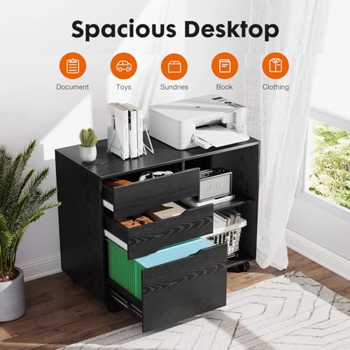 Sweetcrispy File Cabinet 3 Drawer - Storage Filing Cabinets Office Drawers Printer Stand Lateral Mobile Under Desk Organizer Black Wooden with Wheels Adjustable Shelves for Home, Room, Small Spaces