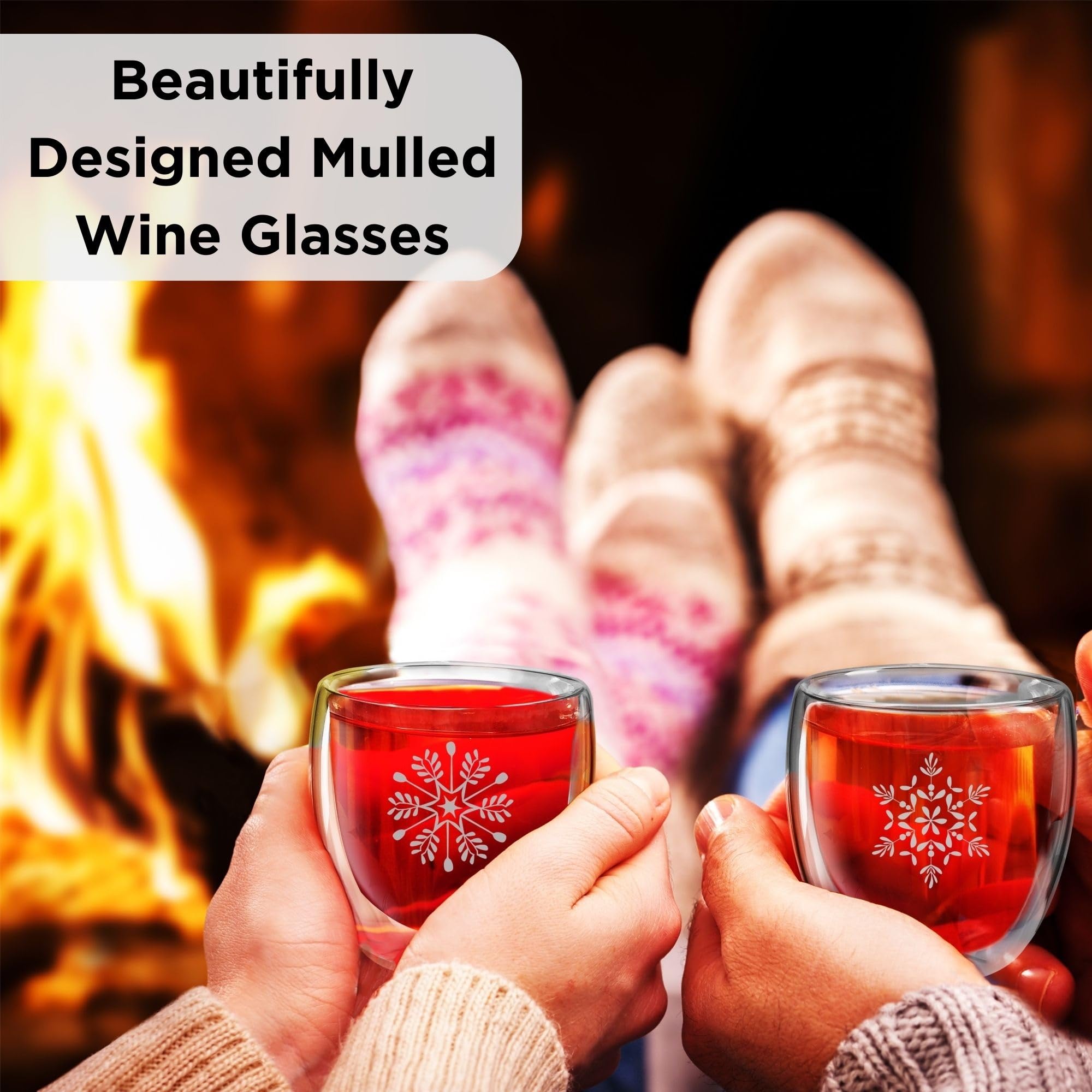 Wrenbury Mulled Wine Glasses Snowflake 7.7oz - Set of 4 Hot Toddy Mugs - Boroscilicate Double Walled Glasses - Insulated for Winter Christmas Drinks - Gluhwein Egg Nog Cups