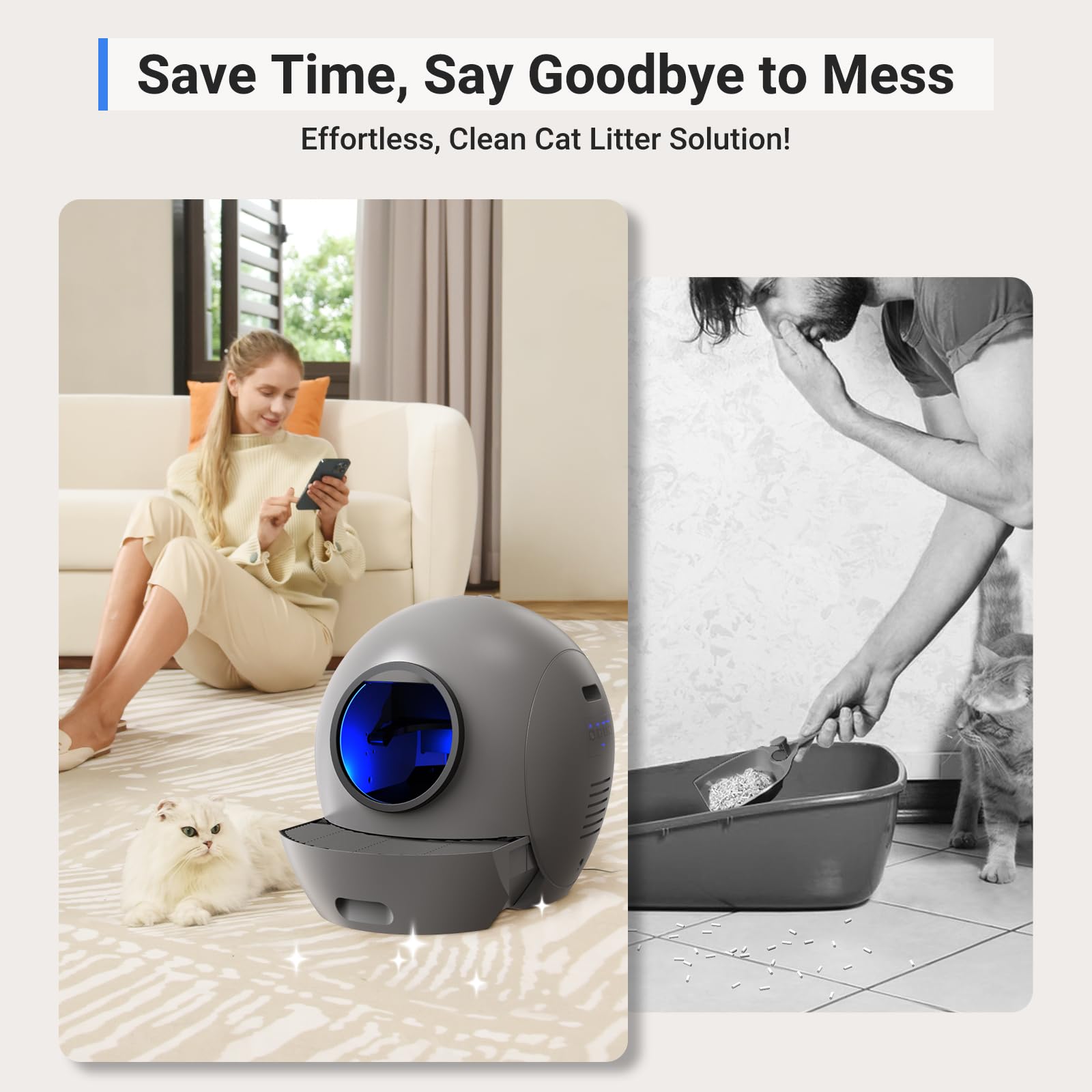 Self Cleaning Cat Litter Box: ELS PET Hands-Off 60L Extra Large Cat Litter Box, Odor Eliminating Smart Litter Box with APP Control, 2.4Ghz WiFi Only, Automatic Cat Litter Box for Multiple Cats