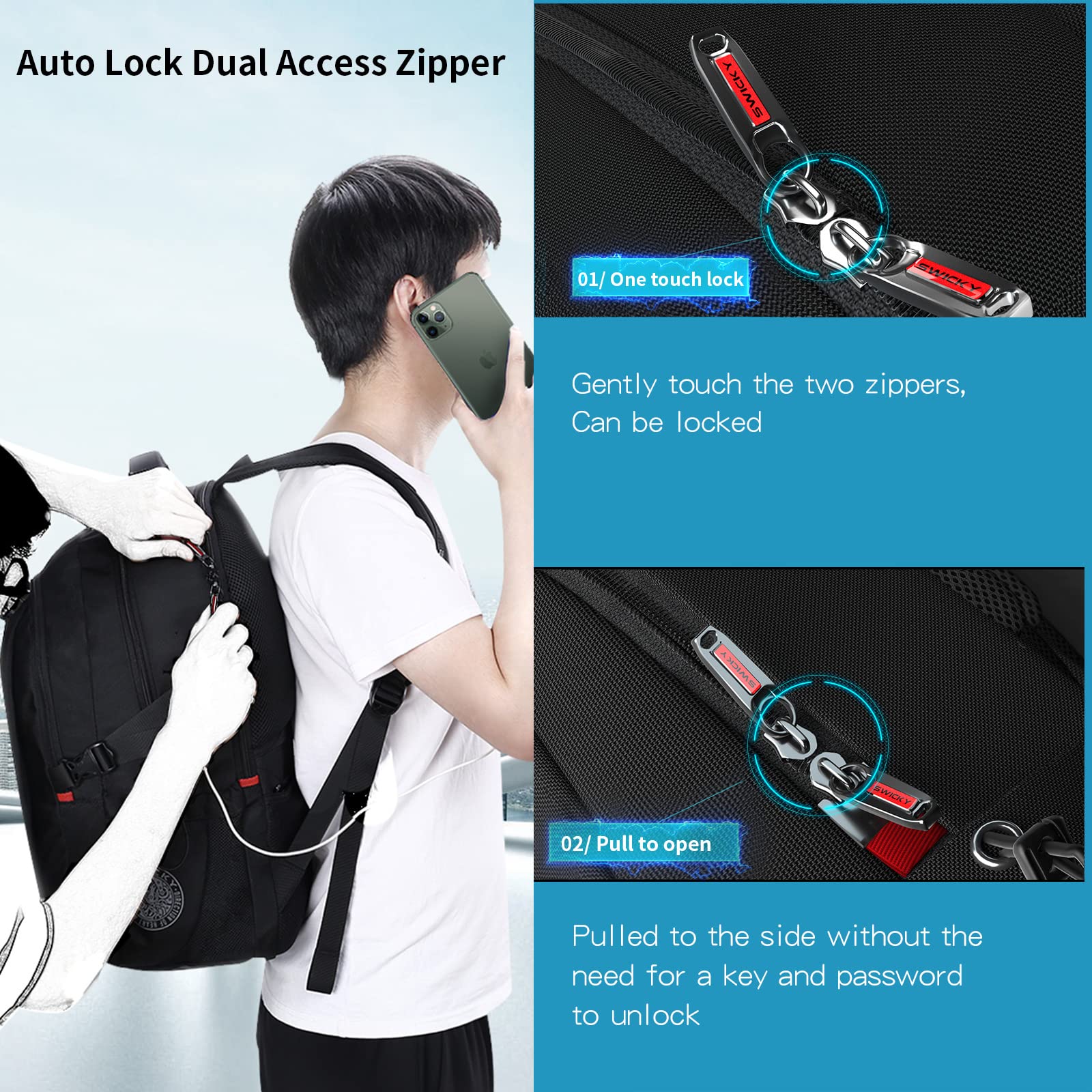 SWICKY 81669 Carry-on Water Repellent USB Port Luggage Strap Anti Theft Zip Airflow Back Panel Travel Work Laptop Backpack (Black with shoe compartment, 17.3 Inch)