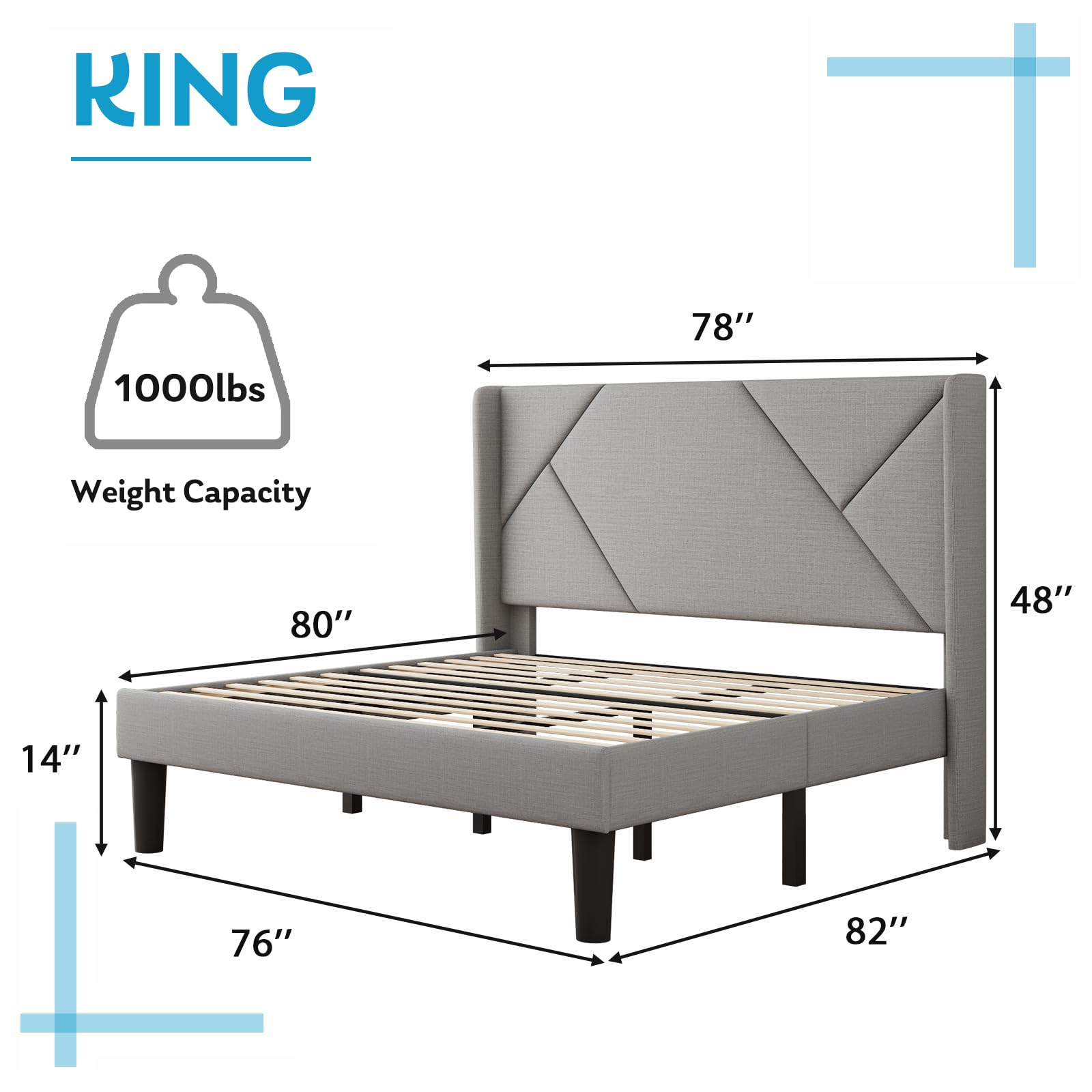 SWISH WEAVERS King Size Platform Bed Frame with Headboard, Upholstered Bed Frame with Wingback, No Box Spring Needed, Easy Assembly Solid Wooden Slats, Noise-Free, Light Gray