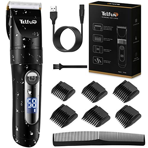 Telfun Professional Hair Clippers and Trimmer for Men - LED Display, IPX7 Waterproof, Cordless - with Replaceable Ceramic Blade Heads