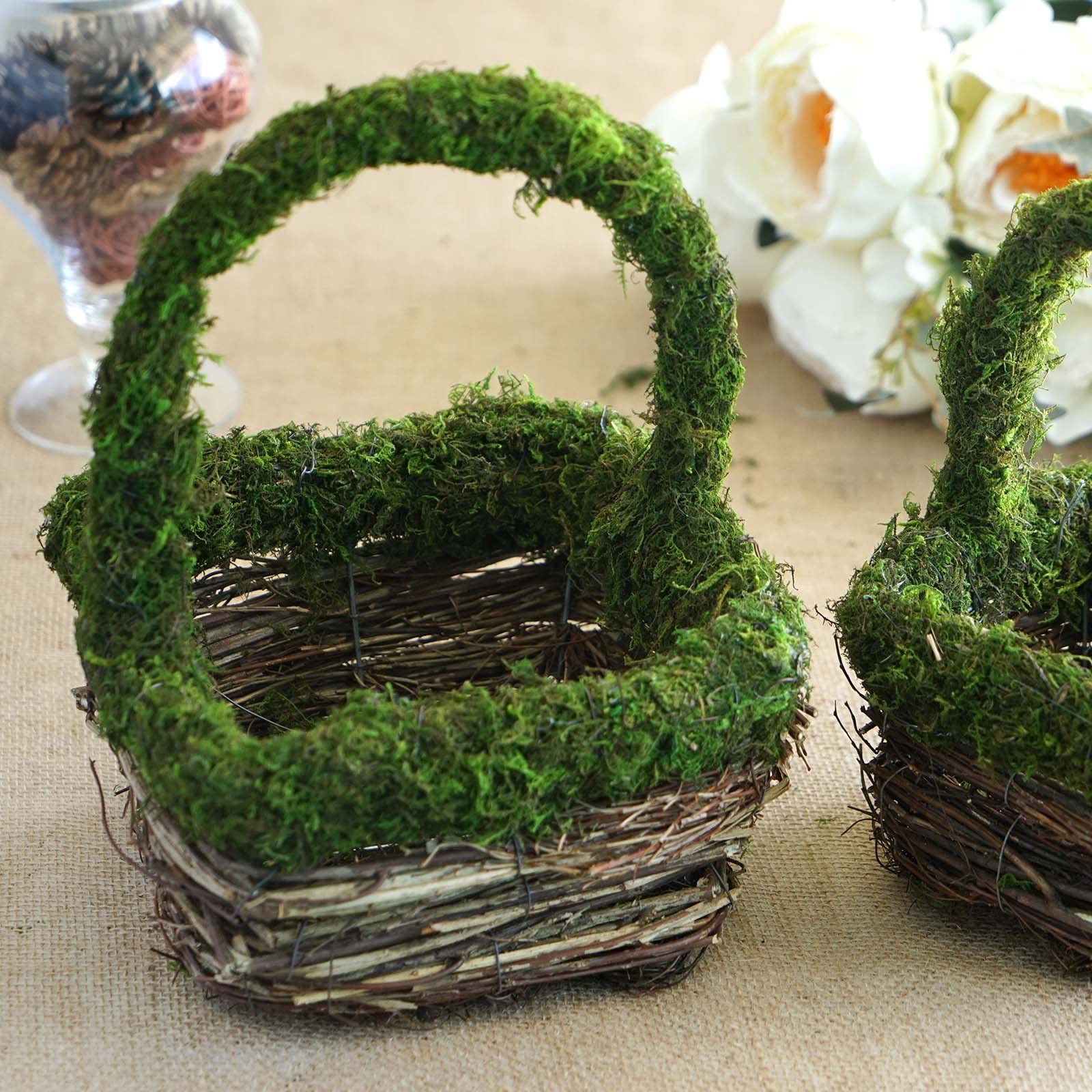 TABLECLOTHSFACTORY Set of 2 | Rustic Twig Moss Planter Box Flower Basket - 8" & 6"