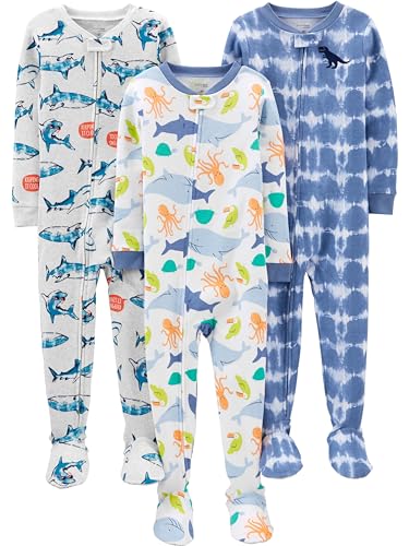 Simple Joys by Carter's Baby Boys' 3-Pack Snug Fit Footed Cotton Pajamas, Sea Life/Shark/Tie Dye, 3T