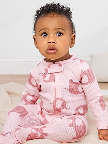 Simple Joys by Carter's Baby Girls' 2-Way Zip Thermal Footed Sleep and Play, Pack of 2, Pink Elephant/White Floral, 6-9 Months