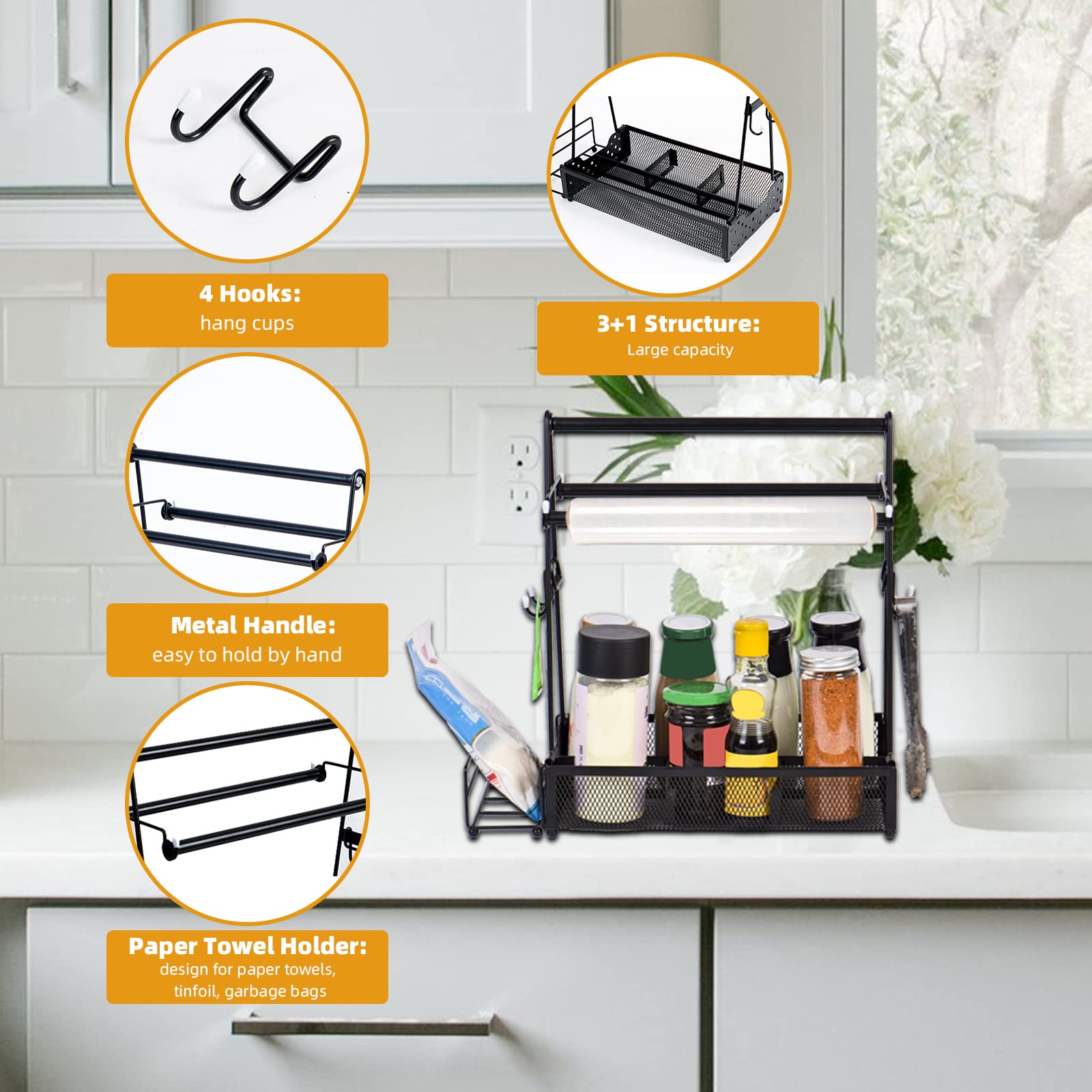 Wtoumdc Utensil Caddy, Utensil Holder for Barbecue Camping Accessories, Picnic Condiment Cutlery Caddy with Handle and Paper Towel Roll Holders, Camping Essentials Rv Kitchen Camper Must Haves, Black