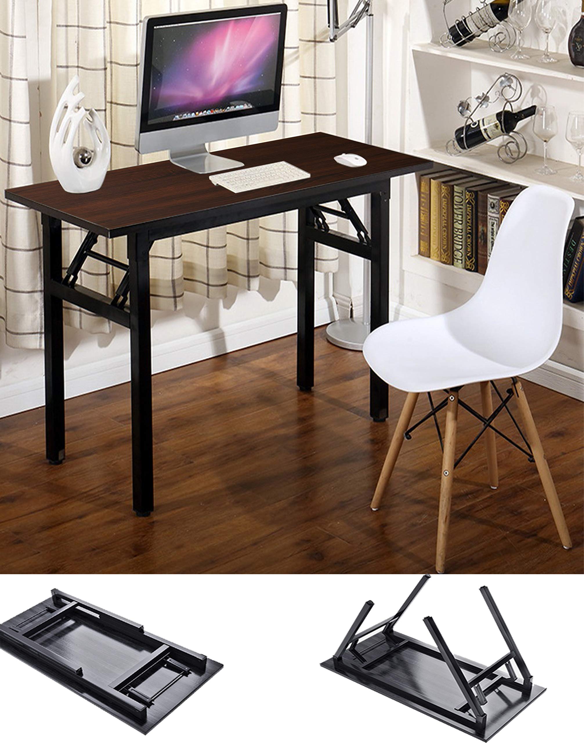 tiktecklab Writing Computer Desk Office Desk 39.37” Folding Computer Table Workstation Folding Laptop Table,Home Office Desk w Keyboard Mat, No Assembly Needed, Dark Walnut Color