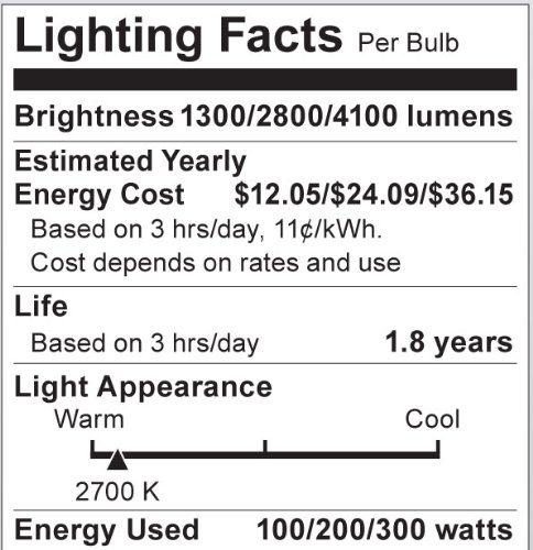 Satco S1826 120-Volt 100/200/300 PS25 3 Contact Mogul Base Light Bulb, Frosted