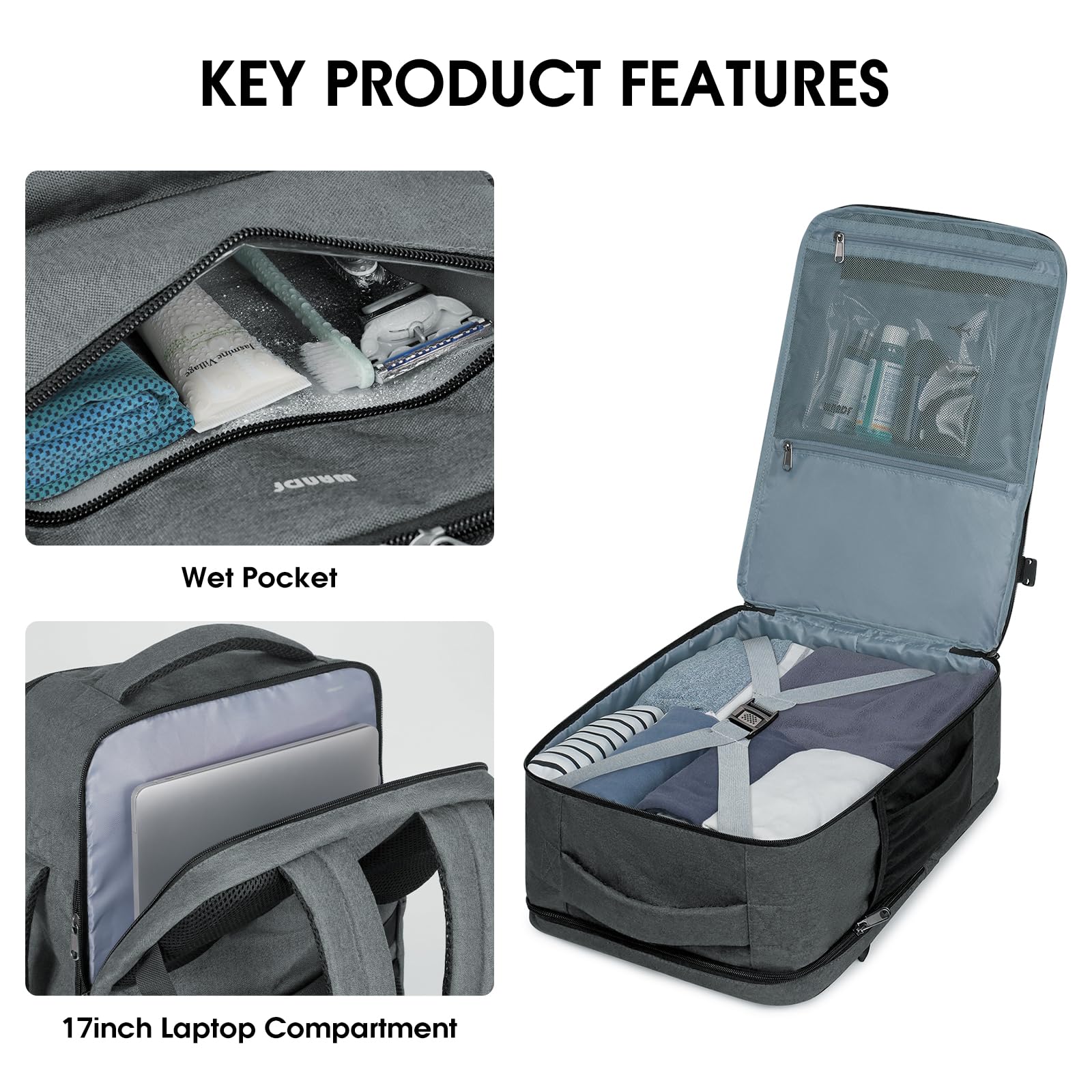 WANDF Travel Backpack For Spirit Airlines Personal Item Bag 18x14x8 with Wet Pocket, 17 Inch Laptop Backpack for Men Women(Grey)