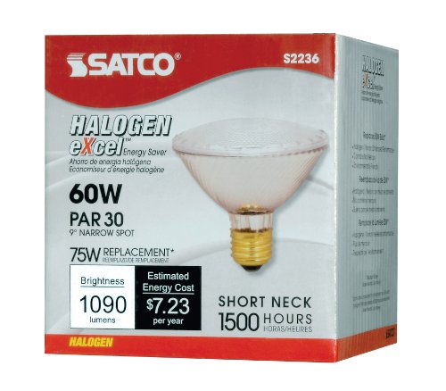 Satco S2236 60 Watt (75 Watt) 1090 Lumens PAR30 Short Neck Halogen Narrow Spot 9 Degrees Clear Light Bulb, Dimmable