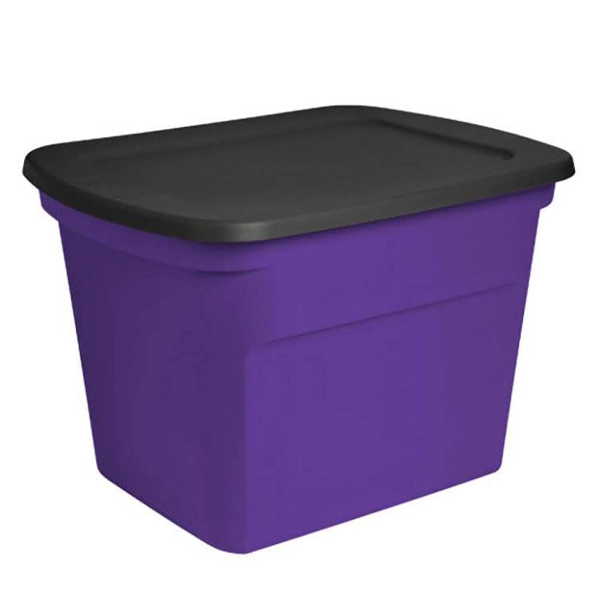 Sterilite 18 Gal Storage Tote, Stackable Bin with Lid, Plastic Container to Organize Halloween Decorations in Closet, Purple Base and Lid, 8-Pack