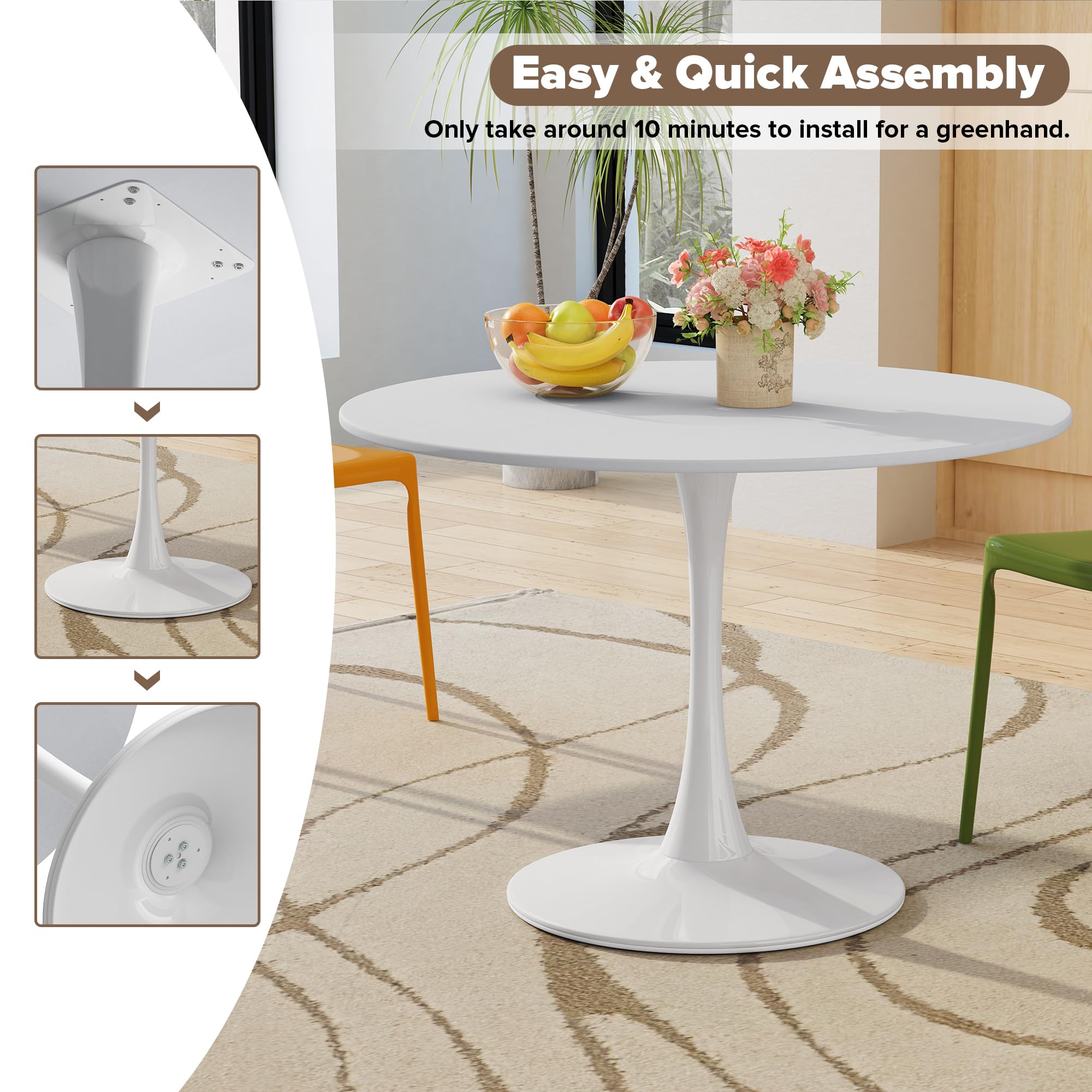 Ufurpie 42" Round Dining Table,Mid-Century White Tulip Table,Metal Base Pedestal Table for 4-6 Person,Easy Assembled End Table Leisure Coffee Table