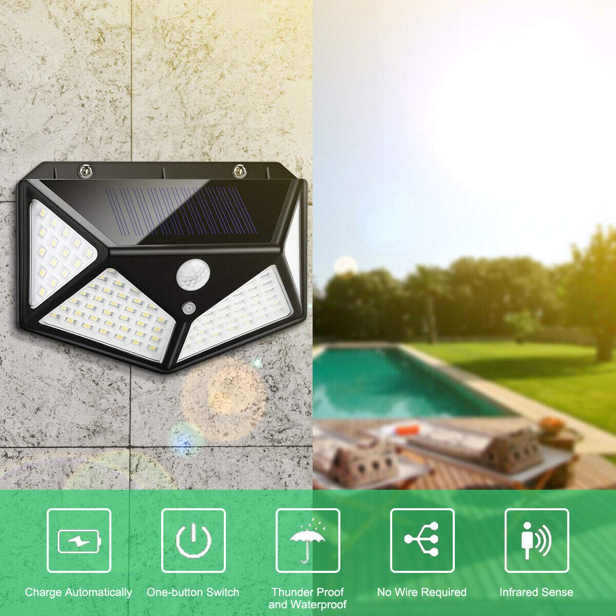 Wasatuo Solar Light Outdoor 100 LED Waterproof Security Wall Night Light with Motion Sensor 270° Wide Angle for Pathway Porch Yard Garage Garden Fence Walkway Driveway (1 Pack)
