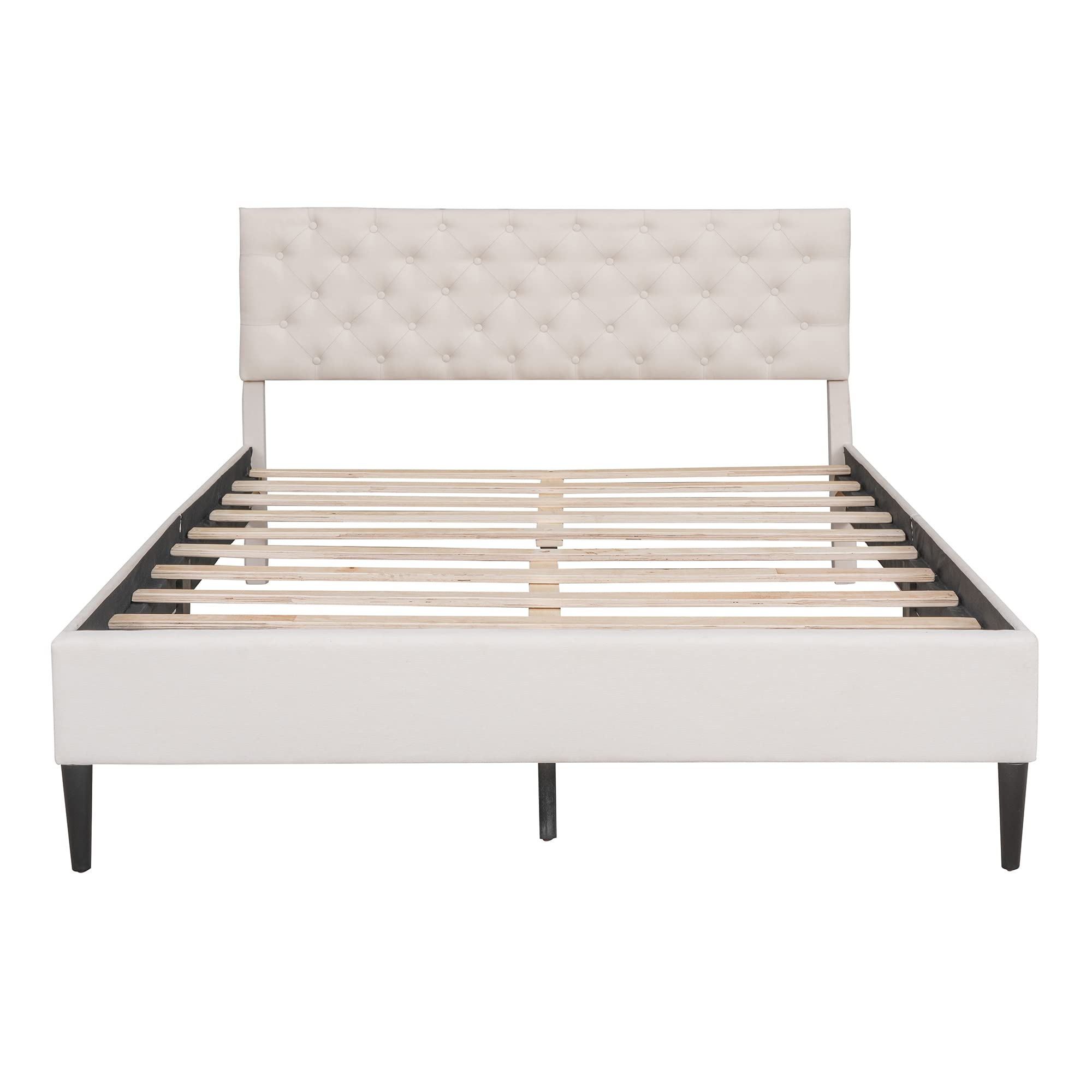 Yehha Queen Size Upholstered Platform Bed Frame, Wooden Low Bed Frame w/Diamond Stitched Button Tufted Headboard, Wooden Slats Support, No Box Spring Needed, Beige