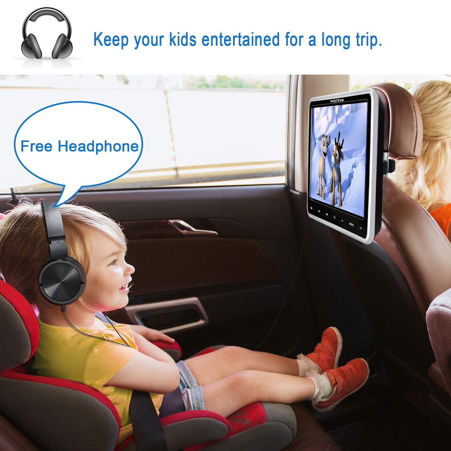 WONNIE 10.5’’ Car DVD Player with Headrest Mount, HDMI Input, 1080P Video Support, Headphone, AV in / Out, USB /SD, Regions Free, Last Memory