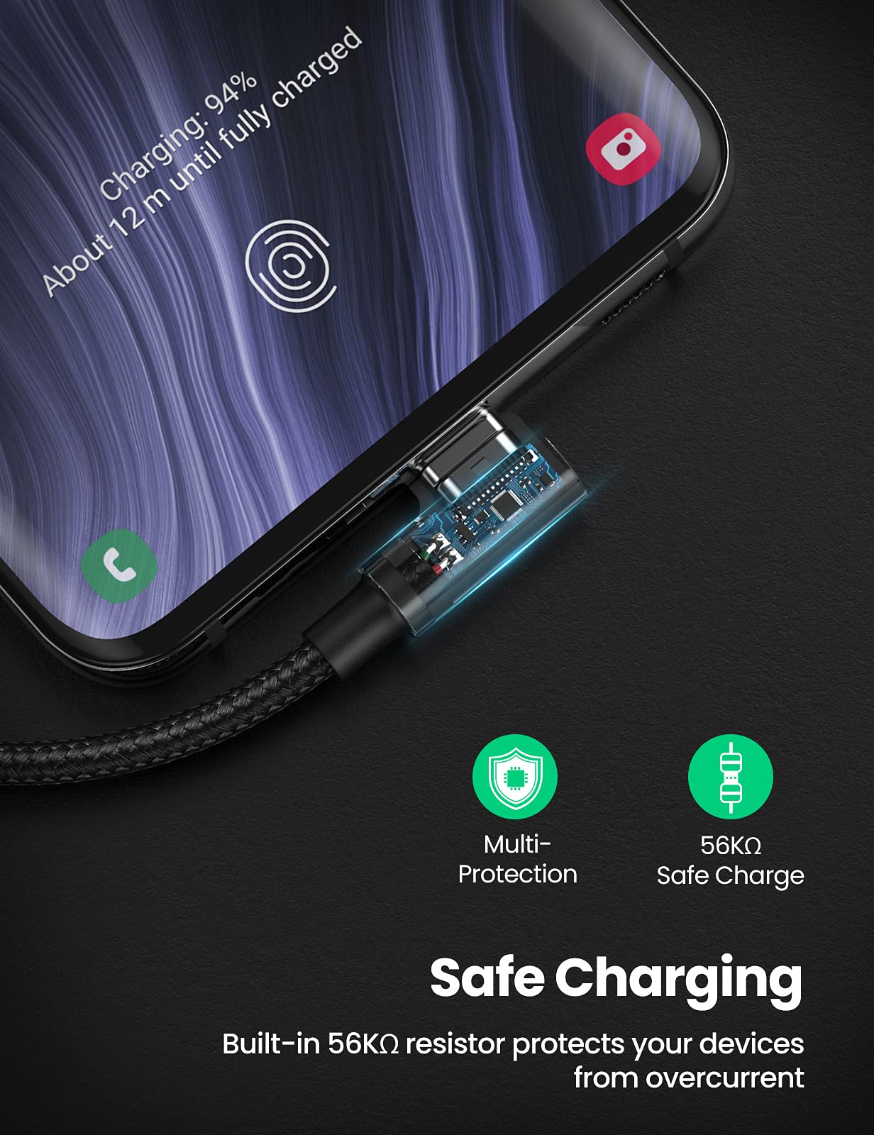 UGREEN USB to USB C Cable 90 Degree USB C Fast Charging Cord Compatible with iPhone 15/15 Plus/15 Pro/15 Pro Max/Samsung Galaxy S10/S10+/Pixel 7/6a/LG G8/G7/Pixel/Switch, etc, 1.6FT