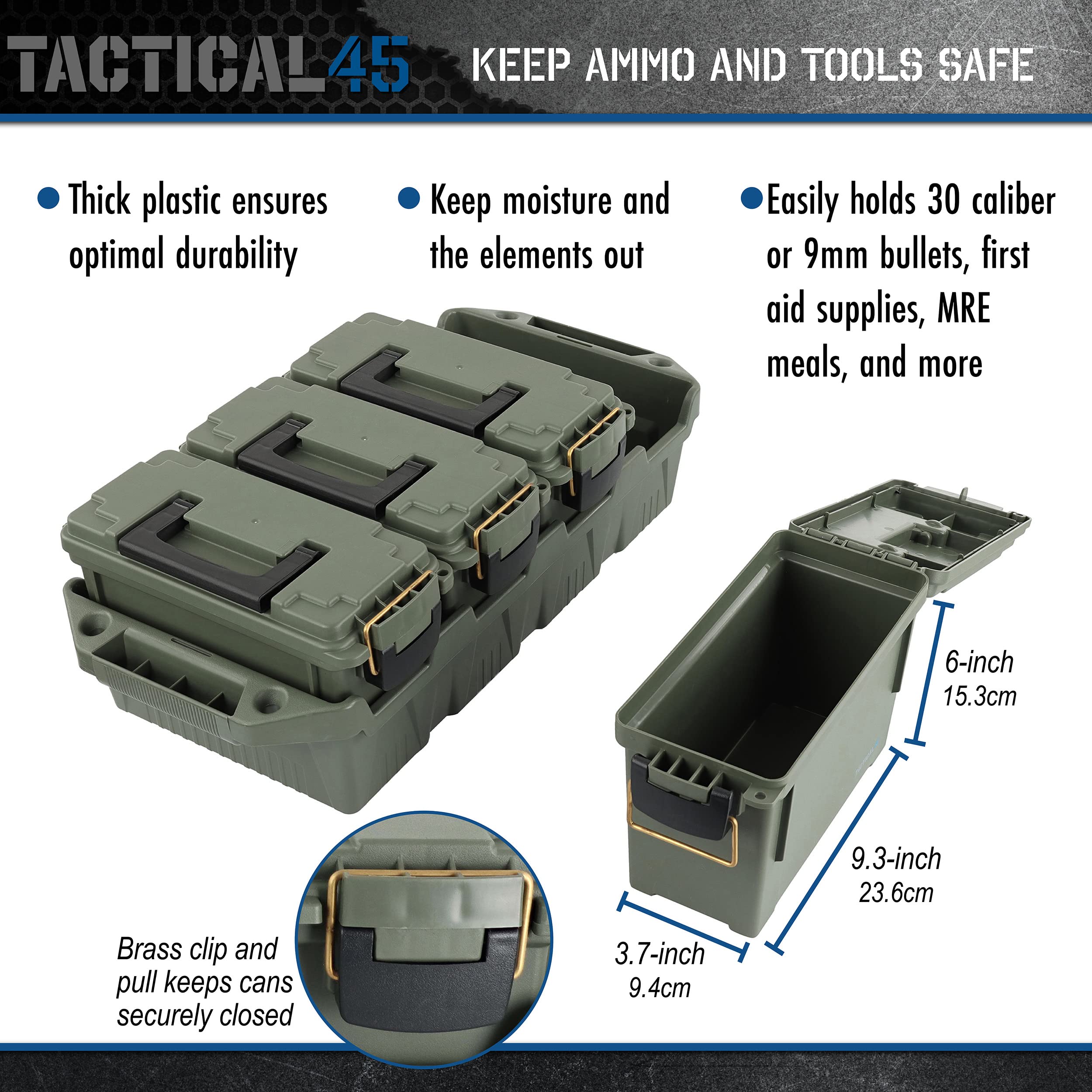 Tactical45 Ammo Storage Crate with Lockable Ammunition Storage Boxes - 4 Pack Plastic Bulk Ammo Storage Containers