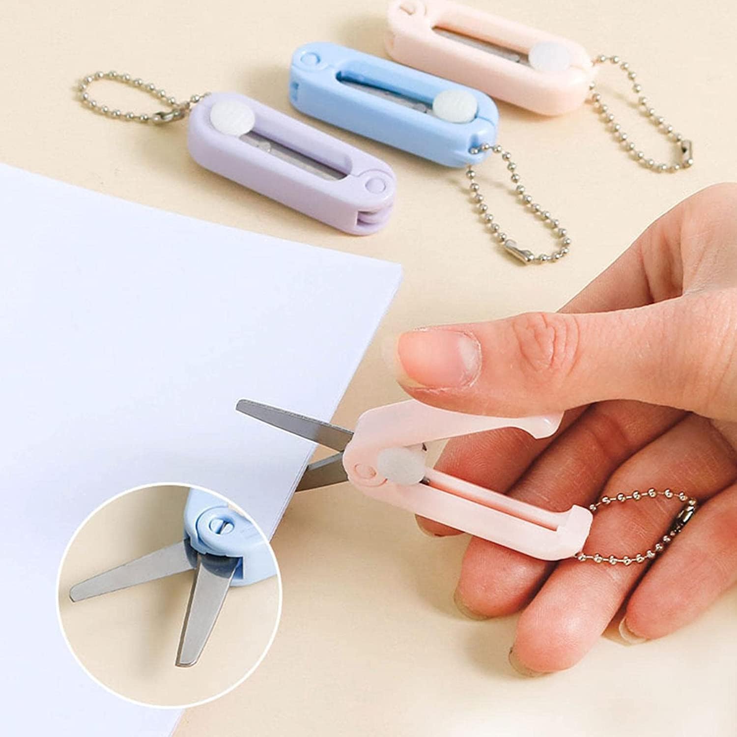White Folding Scissors Safe Portable Travel Scissors Mini Scissor Foldable Telescopic Cutter Pocket with Keychain for Cutting, Scrapbooking, Crafting, Sewing