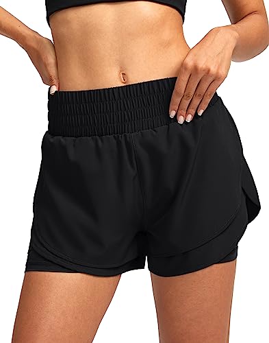 Soothfeel Women's 2 in 1 Running Shorts High Waisted Athletic Shorts Exercise Gym Workout Shorts for Women with Pockets Black