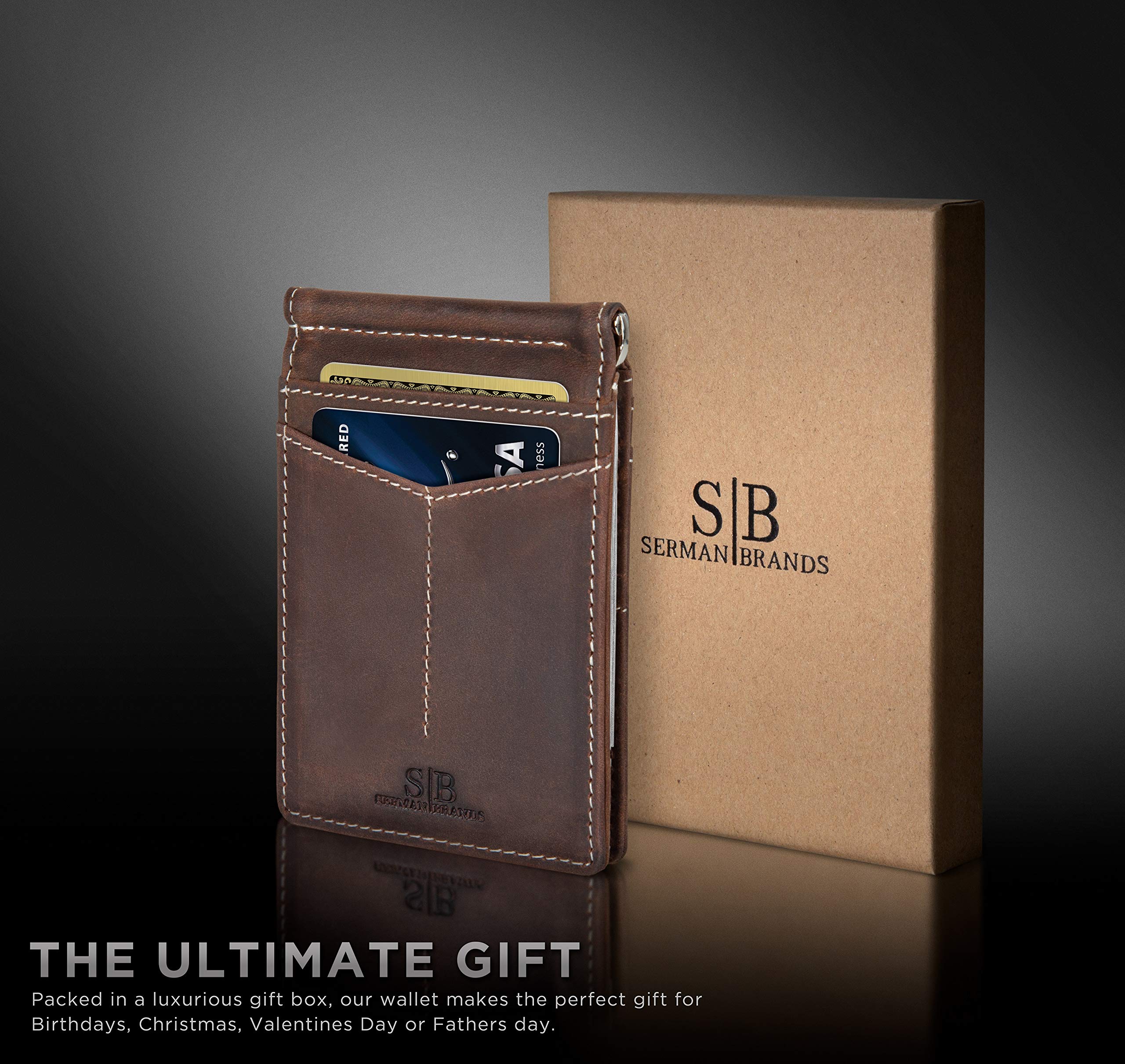 SERMAN BRANDS RFID Blocking Wallet Slim Bifold - Genuine Leather Minimalist Front Pocket Wallets for Men with Money Clip Gift (Texas Brown Rogue)