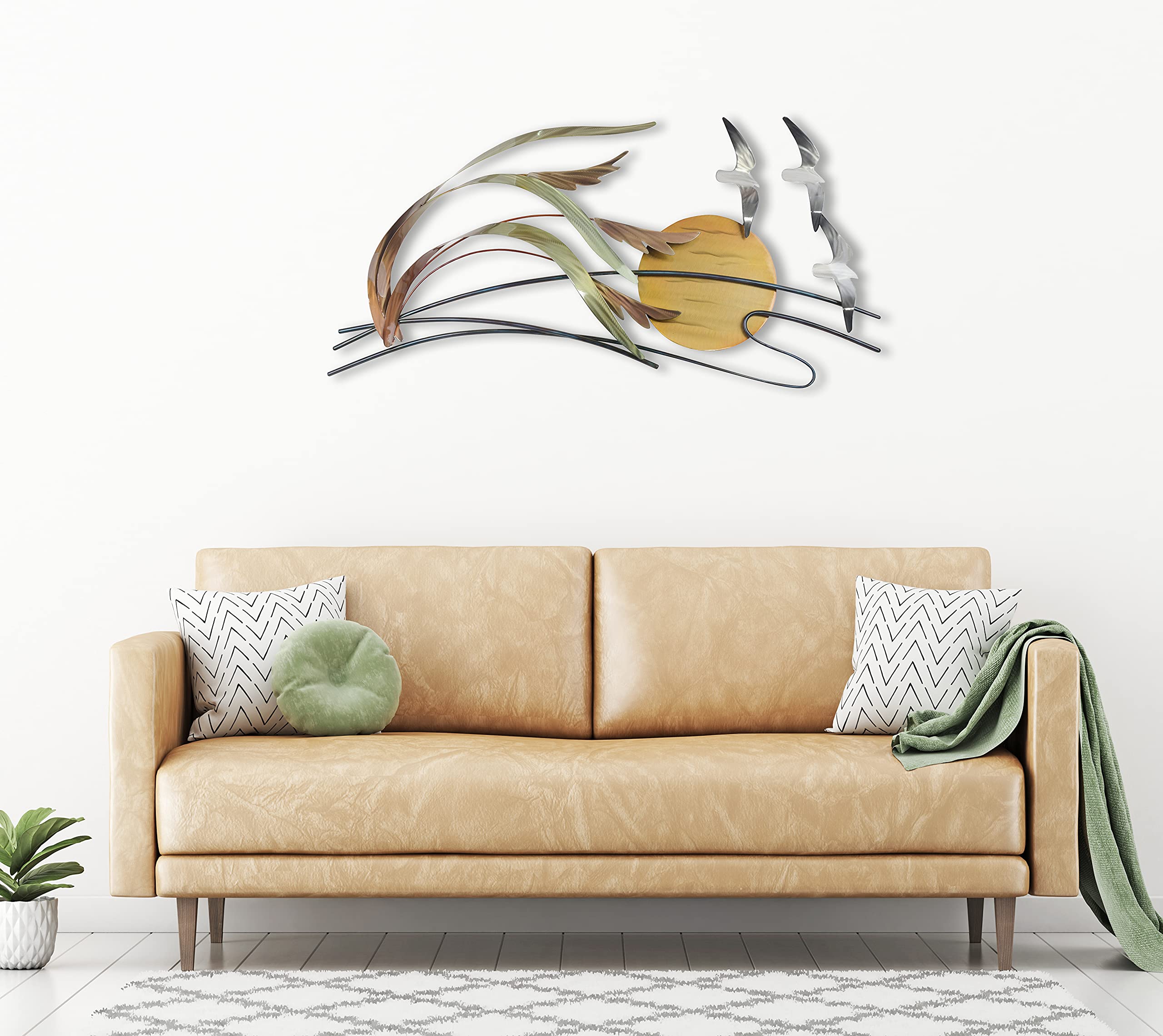 T.I. Design Seagulls and Sea Oats with Sun | Contemporary Coastal Beach Handmade Stainless Steel Metal Wall Decor