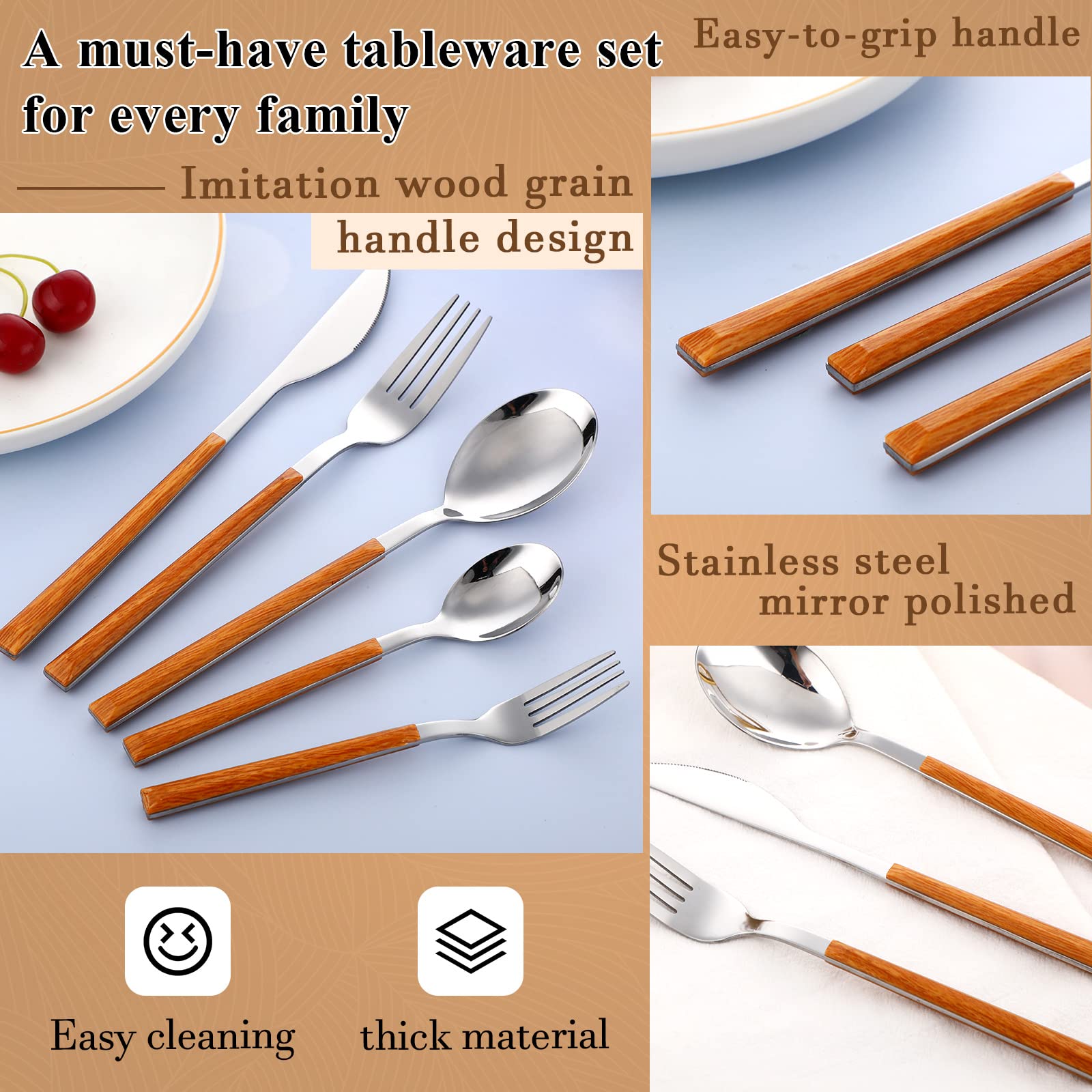 Wood Handle Silverware Set, Stainless Steel Cutlery Set with Imitation Wood Grain Handle Silver Mirror Polished Dishwasher Safe for Household Kitchen Utensils Restaurant Hotel Party (40)