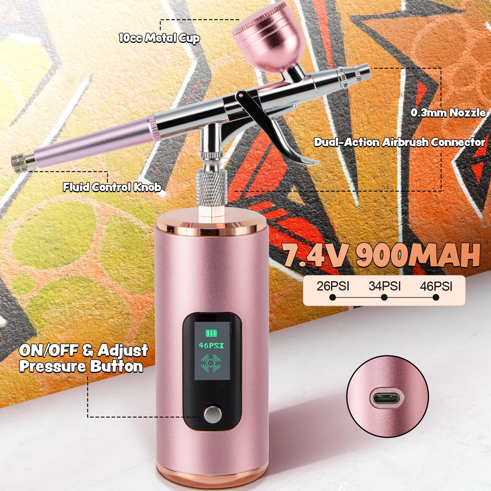 Saudoli 46 PSI Airbrush Kit With Compressor - Double Action Trigger Air Brush Gun with 0.3mm Nozzle and Cleaning Brush Set for model Paint, Tattoo, Nail Art, Makeup