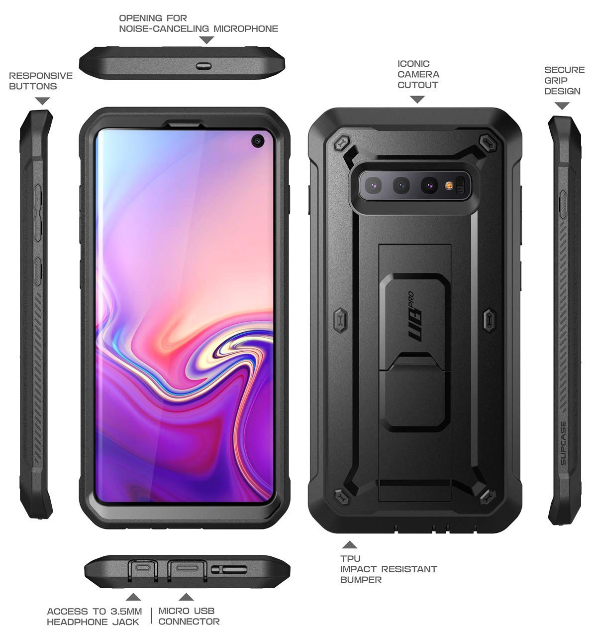 SUPCASE for Samsung Galaxy S10 Case with Satnd (Unicorn Beetle Pro), [Built-in Belt Clip] Heavy Duty Shockproof Rugged Protective Phone Case Without Built-in Screen Protector for Galaxy S10, Black