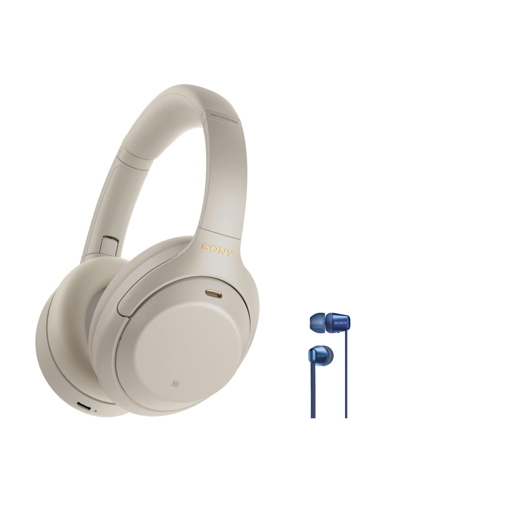 Sony WH-1000XM4 Wireless Noise Cancelling Over-Ear Headphones with Mic (Silver) in-Ear Wireless Headphones Bundle (2 Items) (Renewed)