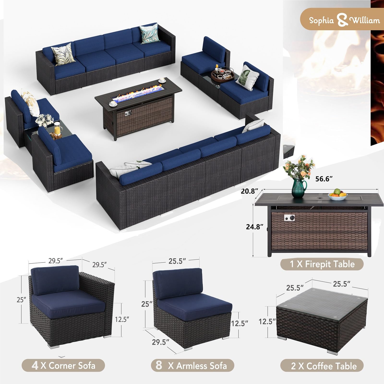 Sophia & William Patio Furniture Set with Fire Pit Table,15 Piece Outdoor Wicker Conversation Set with 56-Inch Fire Pit, Rattan Sectional Sofa, Navy Blue