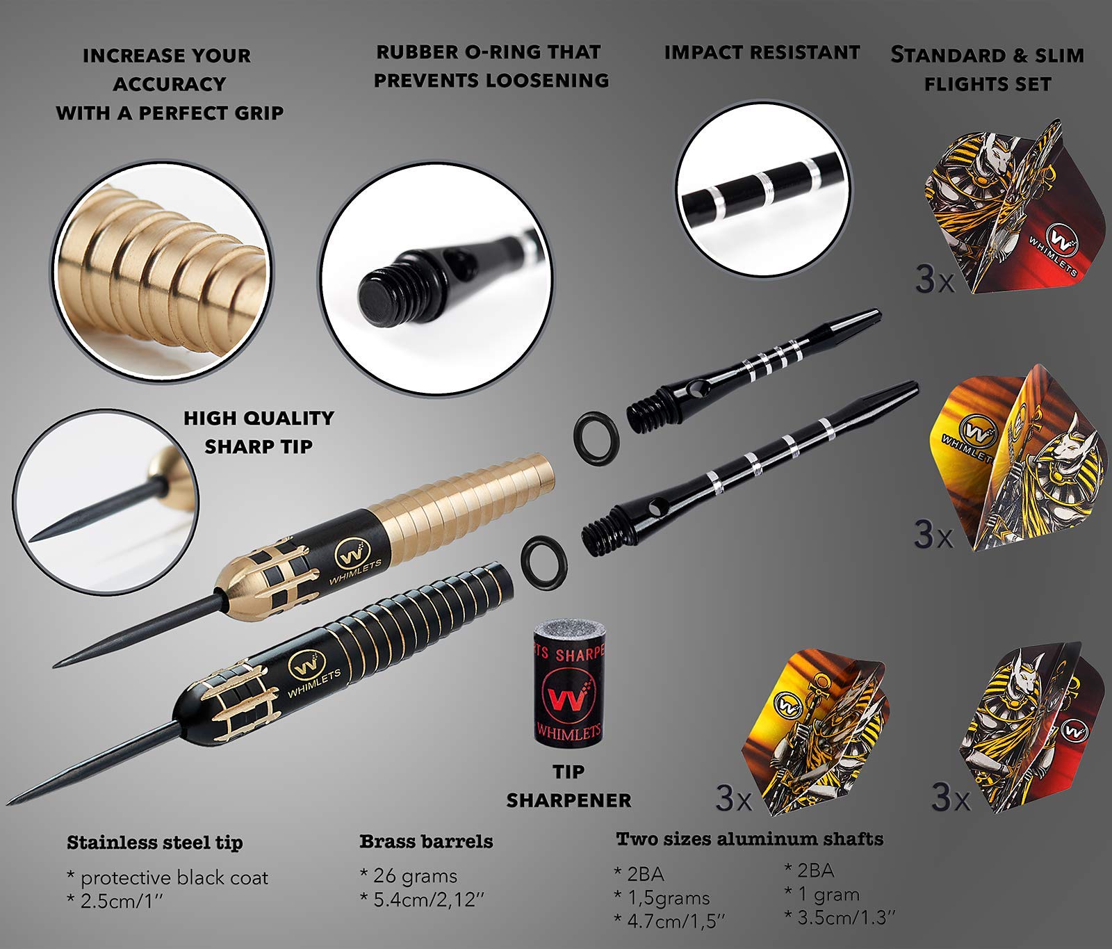Whimlets Darts Metal Tip Set - Darts Steel Tip Set Professional with Brass Barrels, Professional Darts with Extra Aluminum Shafts, Flights + Dart Tool and Sharpener + Pro Darts Guide and Gift Case