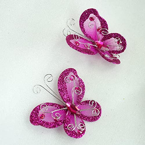 TABLECLOTHSFACTORY 12 Pack Fushia 2" Crystal Studded Organza Butterflies for Wedding Decorations