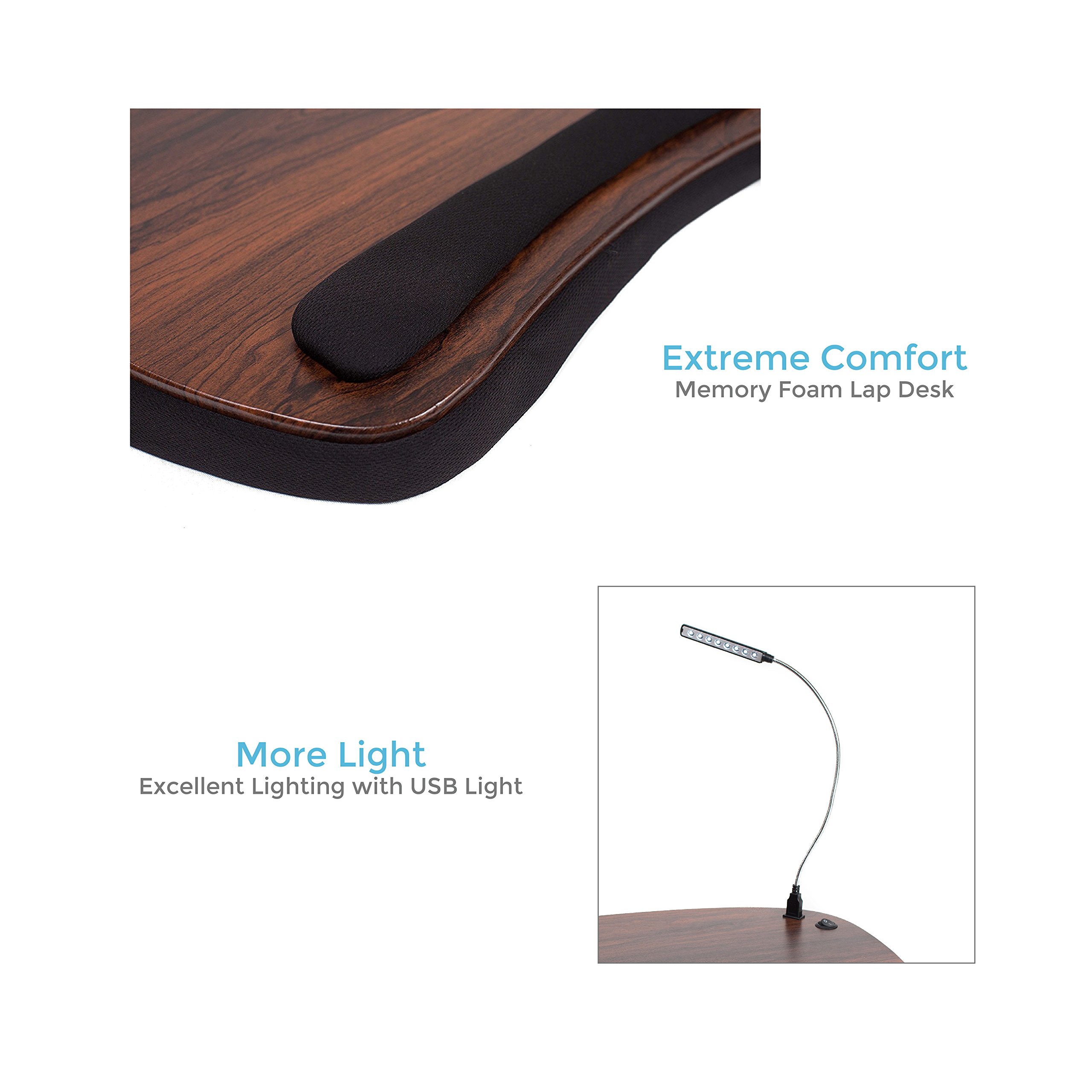 Sofia Sam Oversized Wood Top Memory Foam Lap Desk with Detachable USB Light and Tablet Slot (Black) Supports Laptops Up To 20 Inches