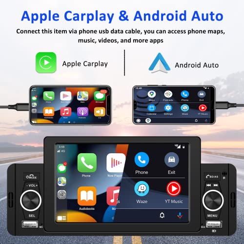 Single Din Touchscreen Car Stereo with Apple CarPlay Android Auto: 5 Inch Car Radio with Bluetooth Hands-Free FM USB Mirror Link for Android/iOS, Backup Camera + Microphone