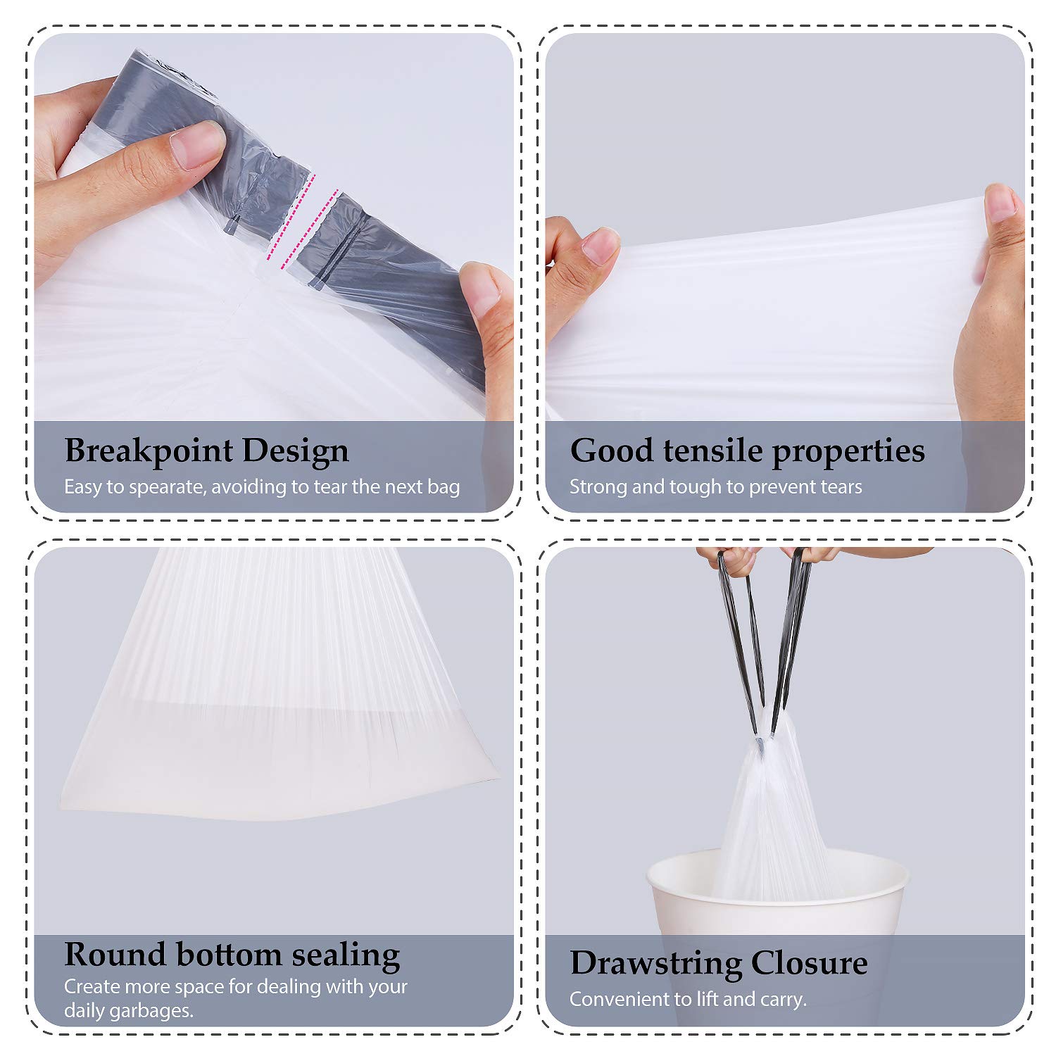 YIHATA 6 Gallon Trash Bags, 60 Count Small Drawstring Trash Bags for Bedroom, Bathroom, Kitchen, Office (15 Liter, White)