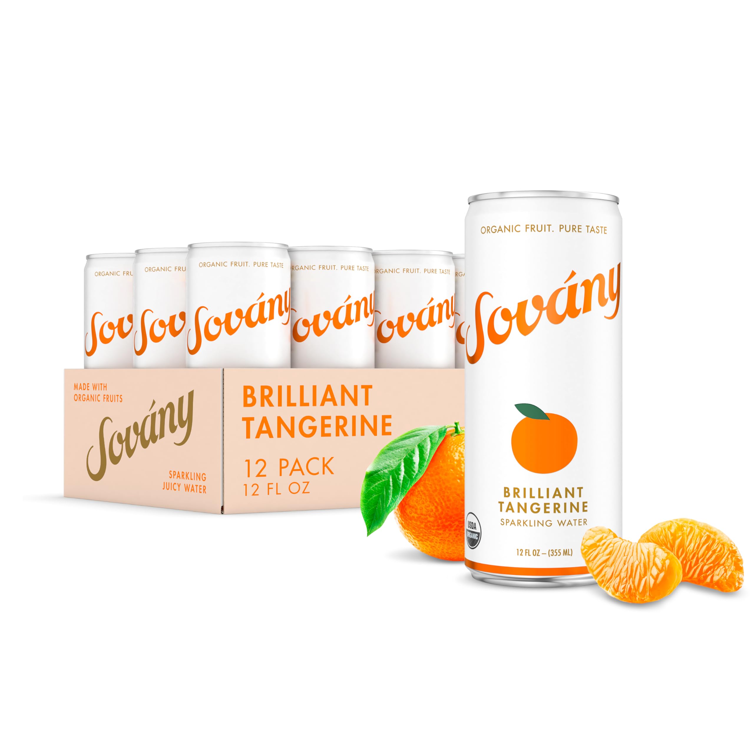 SovĂĄny Sparkling Water, Tangerine, Seltzer Water Drinks, USDA Organic, Made With Real Fruit, Non-GMO, Vegan, No Added Sugar, Low Calorie, 12 fl oz, 12 Pack