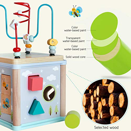 Wooden Educational All in One Multifunctional Bead Maze Toy Kit Play Set Sorting Stacking Games Toys Activity Cube for Toddlers Kids Over 3 Years Old Skill Developing Brain Sorter