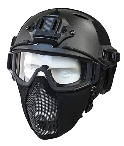 Tactical Fast Helmet with Ear Protection Foldable Half Face Airsoft Mesh Mask and Tactical Goggles for Airsoft Paintball Hunting Shooting Outdoor Sports