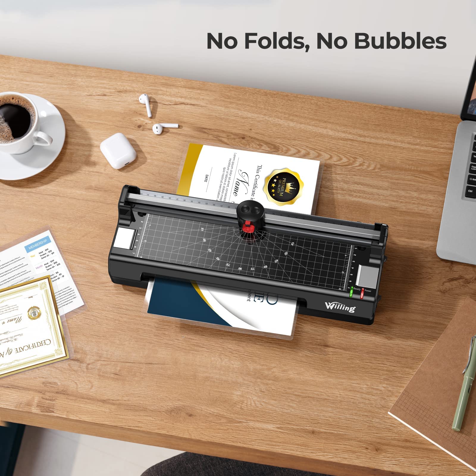 Willing Laminator Machine with Laminating Sheets for A4/A6, Update Never Jam Technology, Hot&Cold, with 20 Laminating Pouches/Trimmer/Corner Rounder for Home/School/Office/Craft/Card - 9in